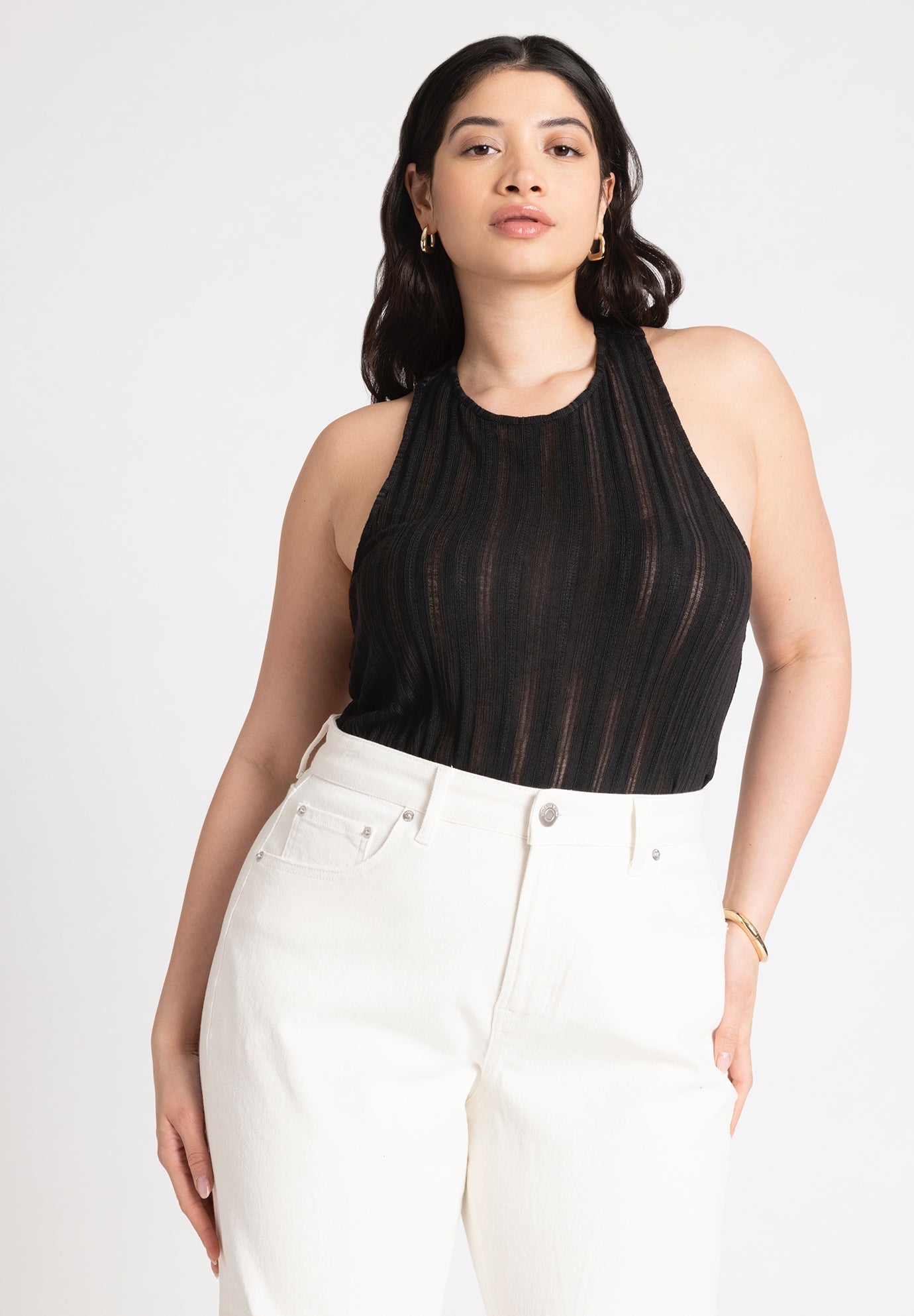 Crochet Racer Top with Twist Back Detail, Brilliant White | Eloquii